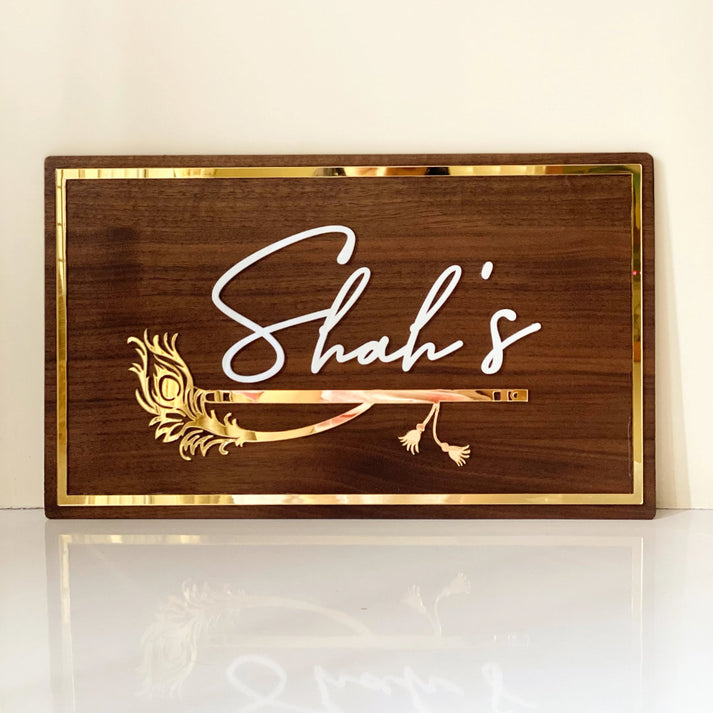 HappyEveryday Peacock Feather with Flute Wooden Nameplate (Rectangle)